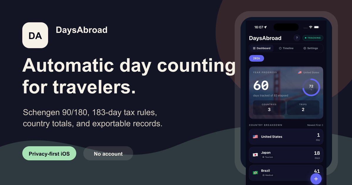 Tax residency day tracker · DaysAbroad
